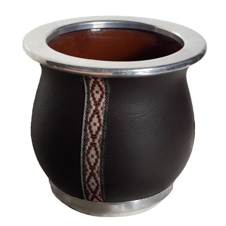 Mate de cerámica revestido en cuero natural con tira de guarda pampa ...
